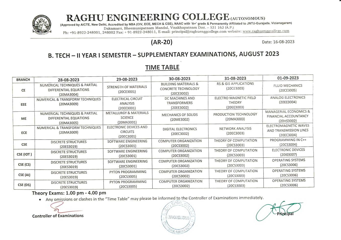 Exam Time Tables - Raghu Engineering College - Autonomous | Vishakhapatnam